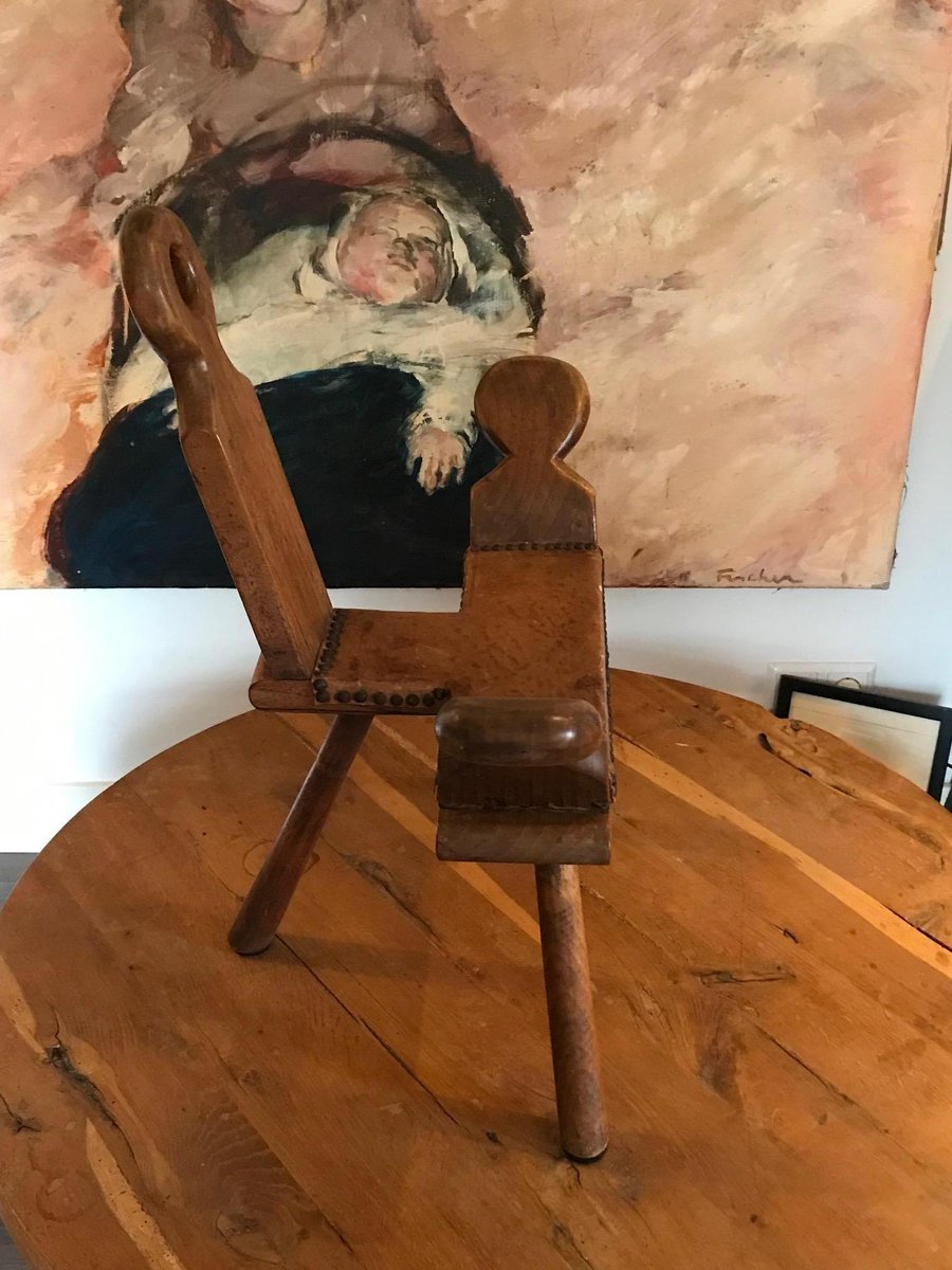 Mid-Century Spanish Brutalist Oak Wood Stool with Leather for sale at ...