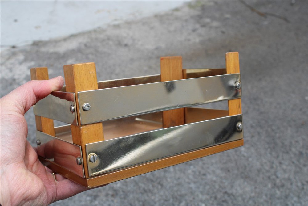 Italian Wood & Brass Wastepaper Bin, 1970s for sale at Pamono