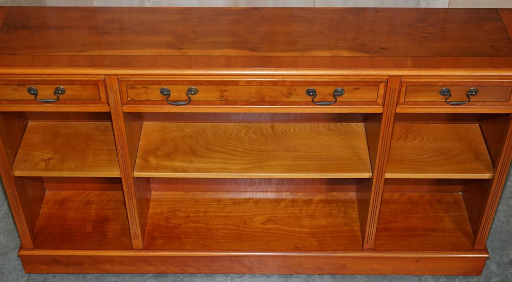 Burr Yew Wood Dwarf Open Bookcase or Sideboard with Three Large Drawers ...