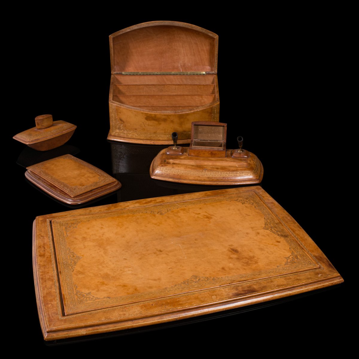 Vintage English Leather Writing Desk Set from Asprey of London, Set of ...