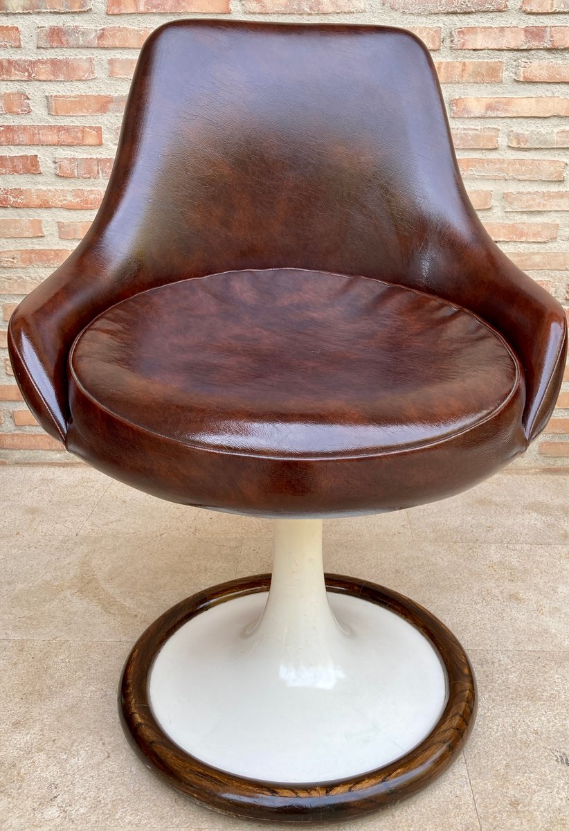 Space Age Swivel Chairs in Original Brown Leather, Plastic and Wood ...
