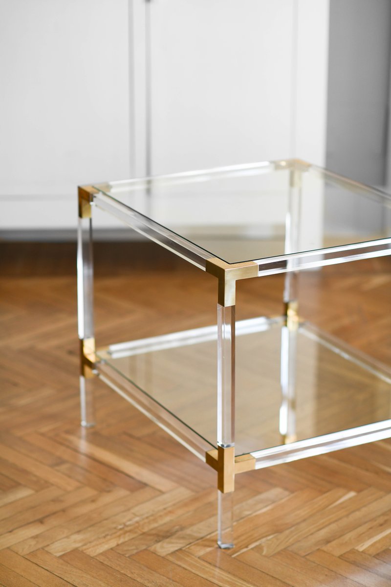 Acrylic Glass Tables with Brass Details and Crystal Tops, 1970s, Set of ...