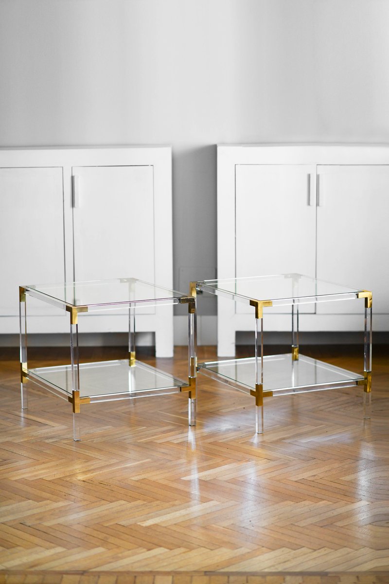 Acrylic Glass Tables with Brass Details and Crystal Tops, 1970s, Set of ...