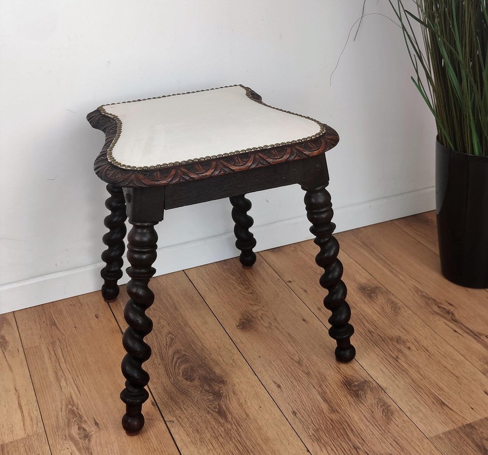 Antique Needlepoint & Carved Beveled Top Barley Twist Legs Stool for ...