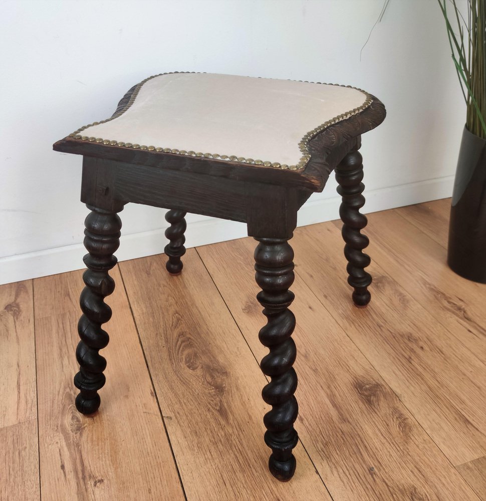 Antique Needlepoint & Carved Beveled Top Barley Twist Legs Stool for ...
