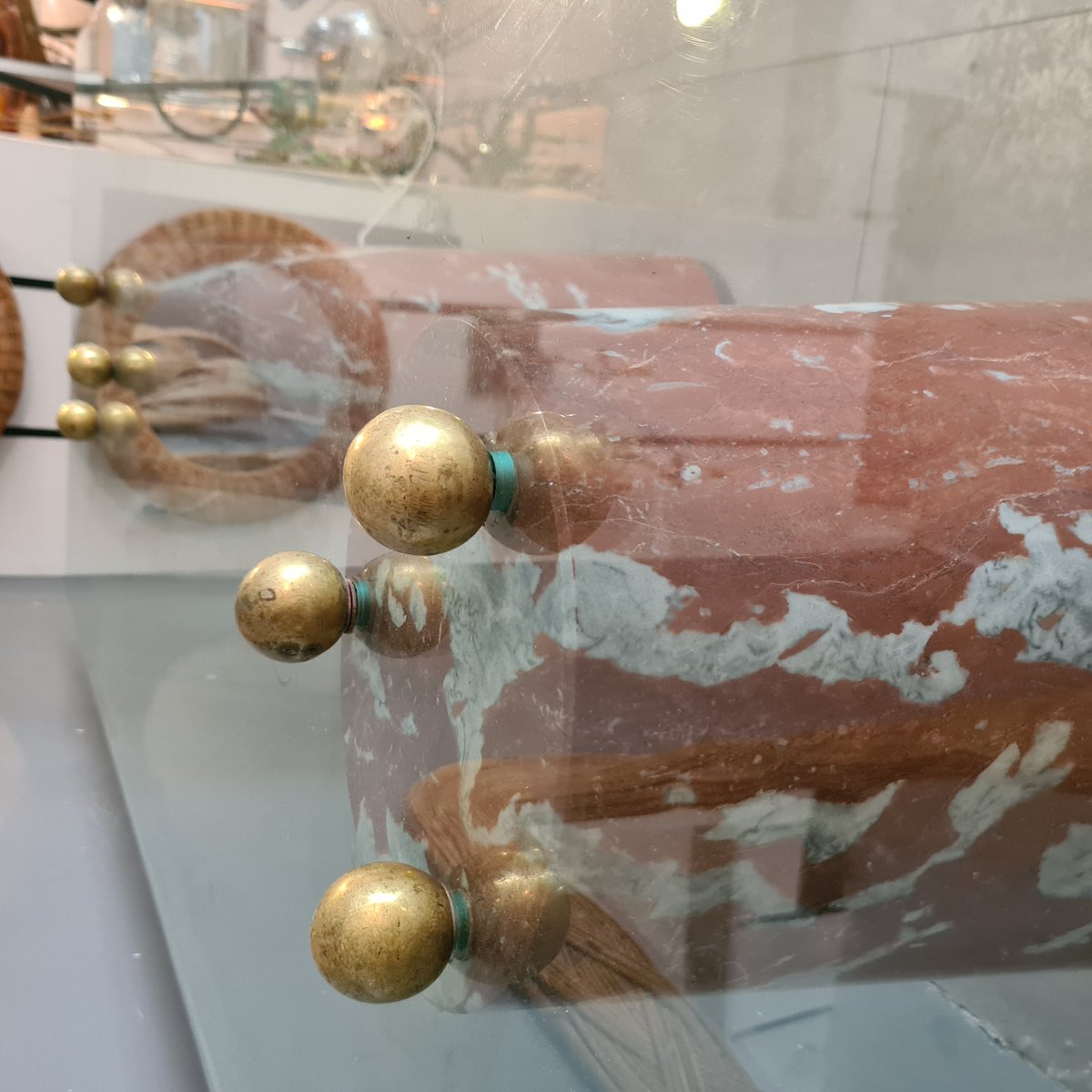 Vintage Beveled Glass Table with Marble Feet by Golden Bronze Balls for ...