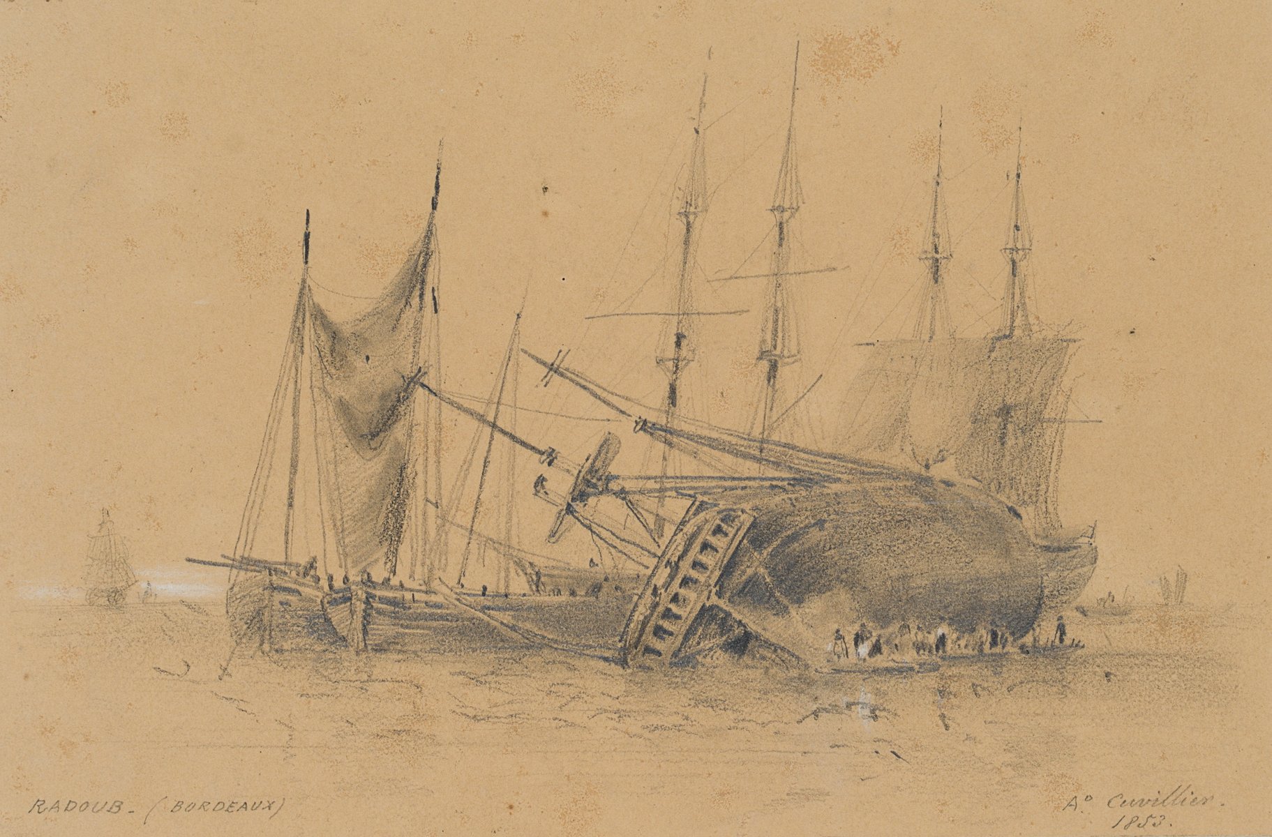 H. Cuvillier, Sailing ship keelhauling on the beach, 1853, Pencil for ...