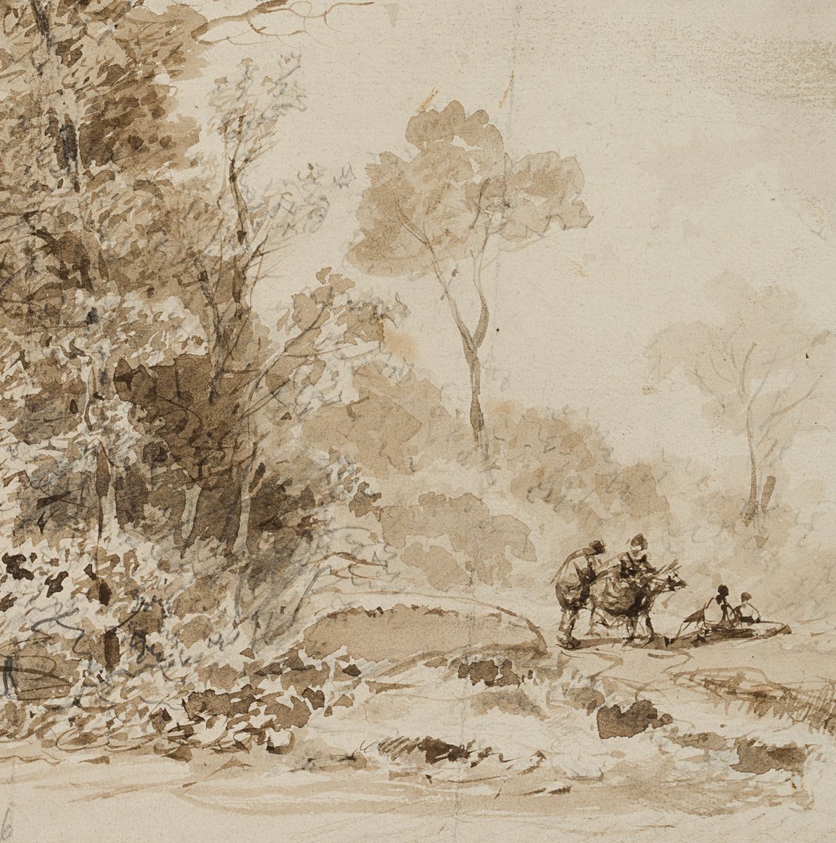 Forest Landscape with Brushwood Gatherers, 1856, Paper for sale at Pamono