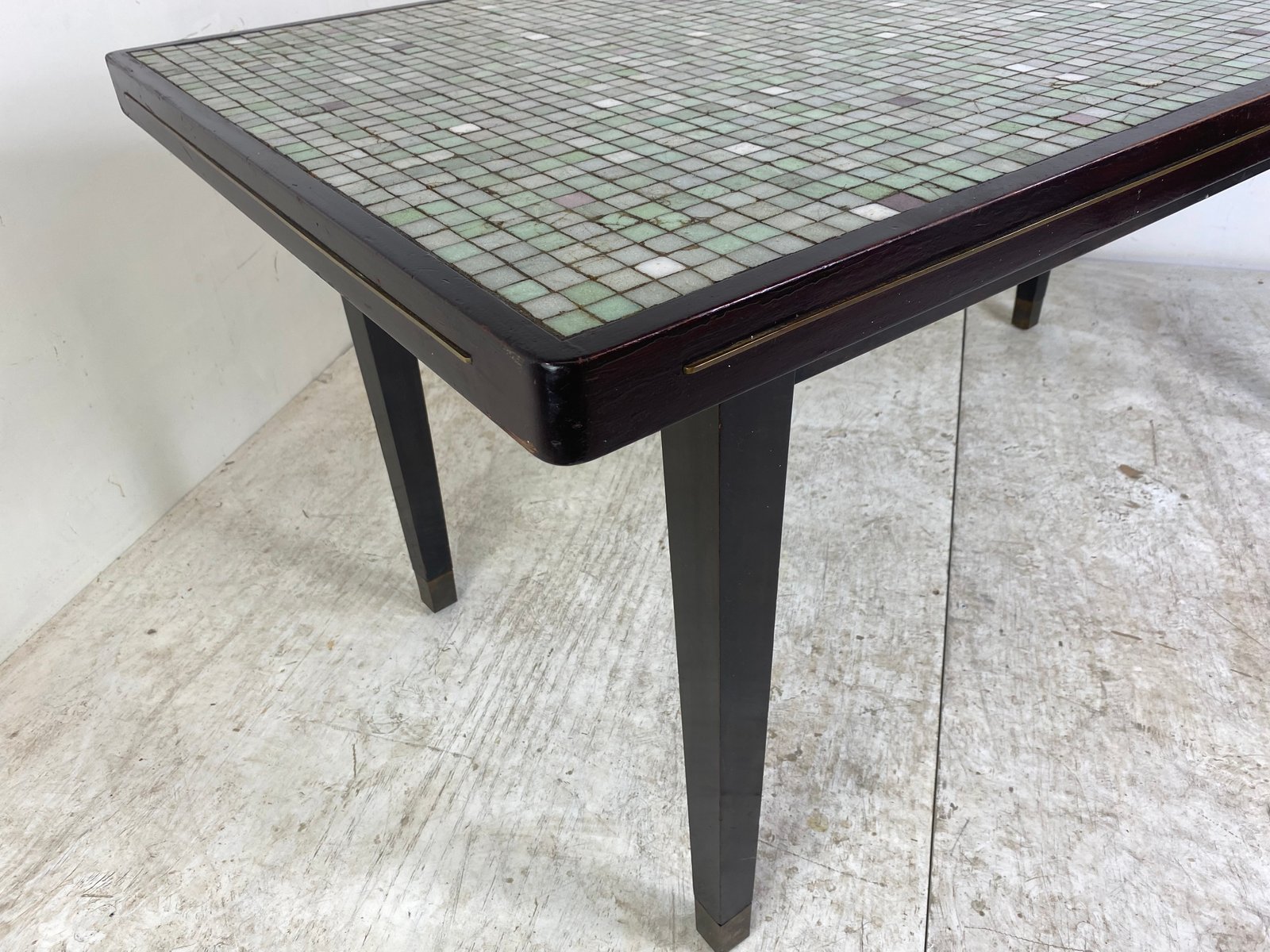 Vintage Mid-Century Regency Mosaic Dining Table in Wood Brass and Glass ...