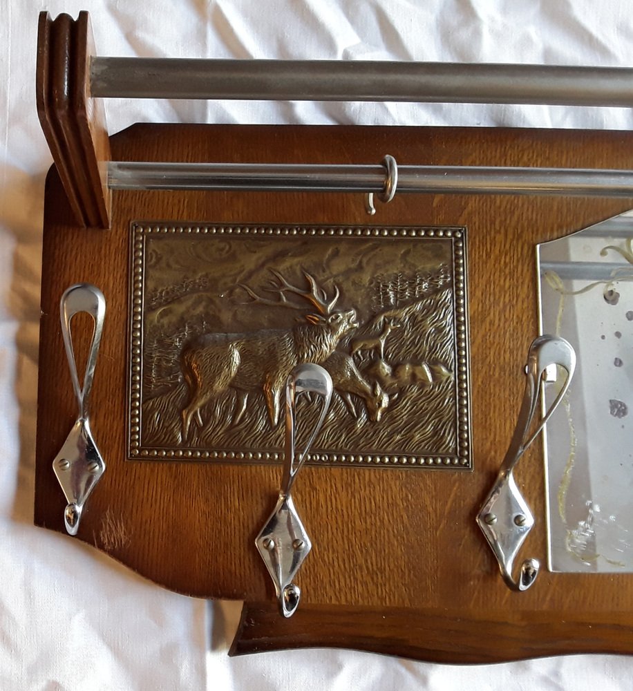 Art Deco Oak Wood Silver Wall Wardrobe with Hooks and Cloakroom Rods ...
