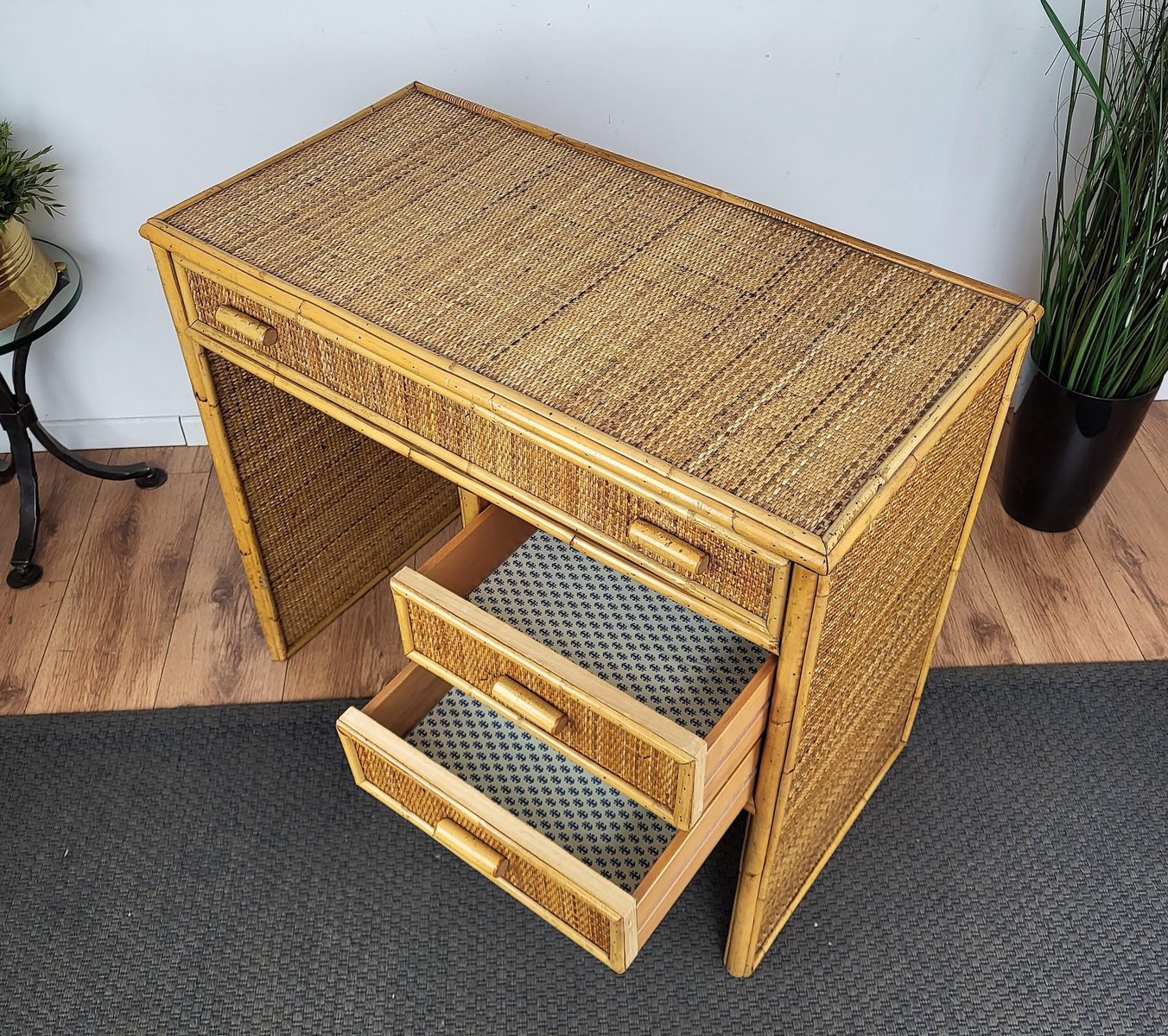 Mid-Century Bamboo, Wood and Rattan Writing Desk with Drawers, Italy ...