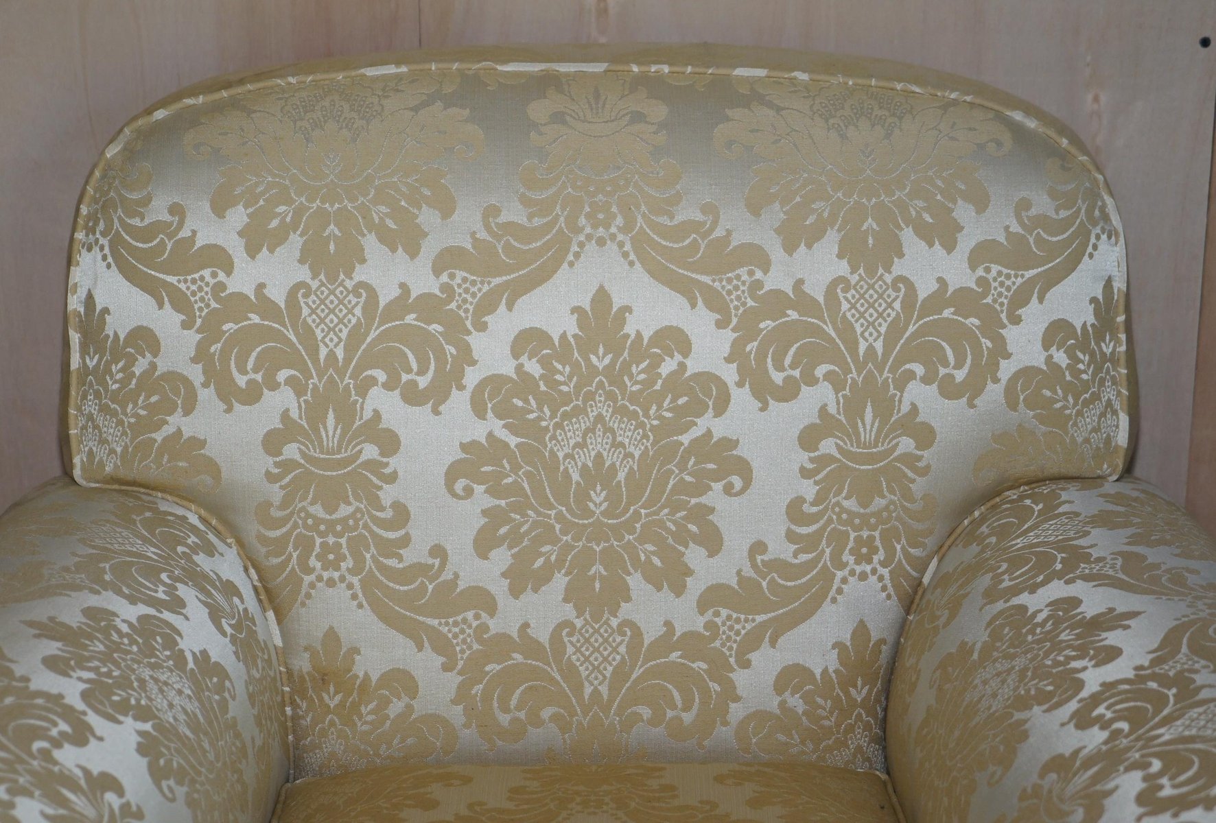 Victorian Damask Upholstery Sofa & Armchair Club Suite with Turned Bun ...