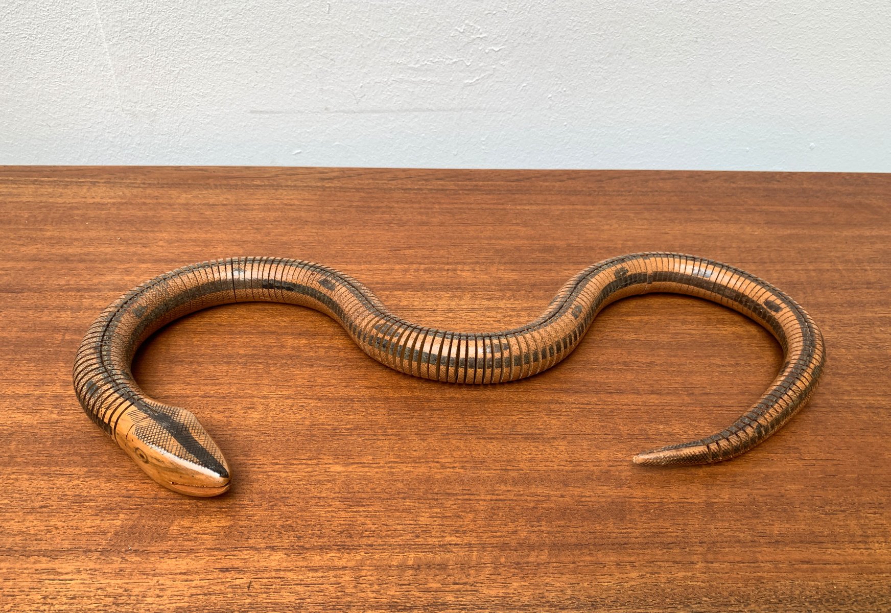 Vintage Flexible Wooden Snake Sculpture for sale at Pamono