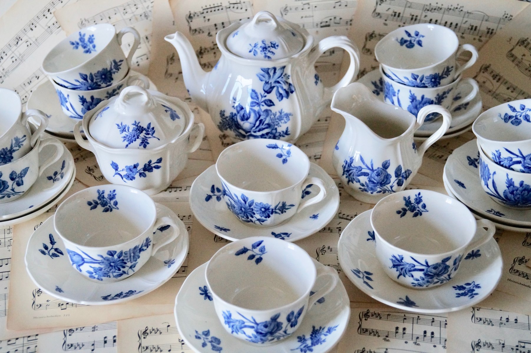 Antique Creamware Ludlow Blue Flowers Tea Set from Wedgwood, 1920s, Set ...