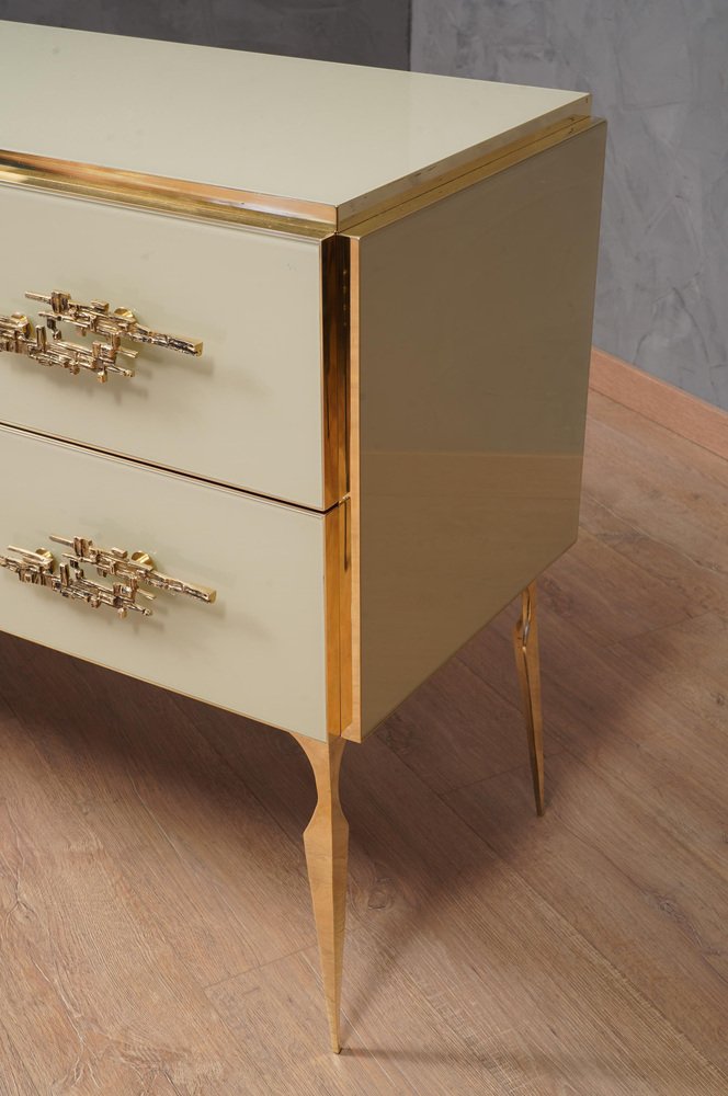 Mid-Century Cream Color Glass and Brass Commode, 1980 for sale at Pamono