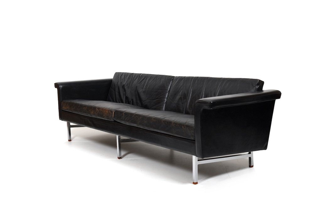 Large Danish Leather, Chrome and Teak Sofa, 1965 for sale at Pamono