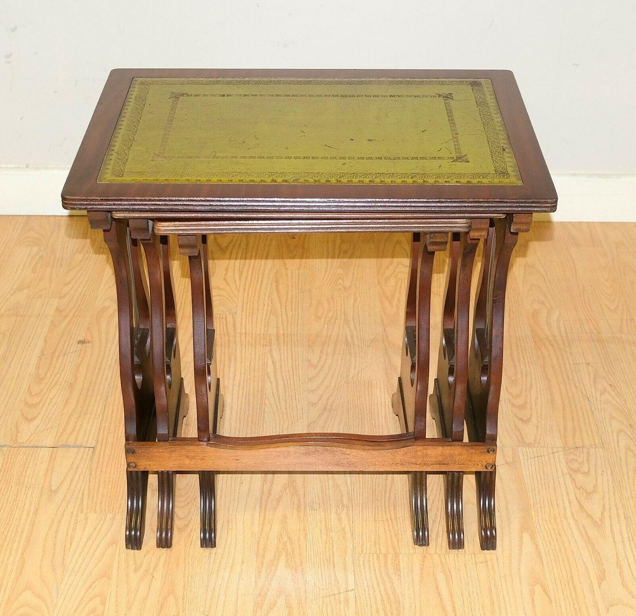 Mahogany Nesting Tables with Green Leather Tops & Harp Shaped Support ...