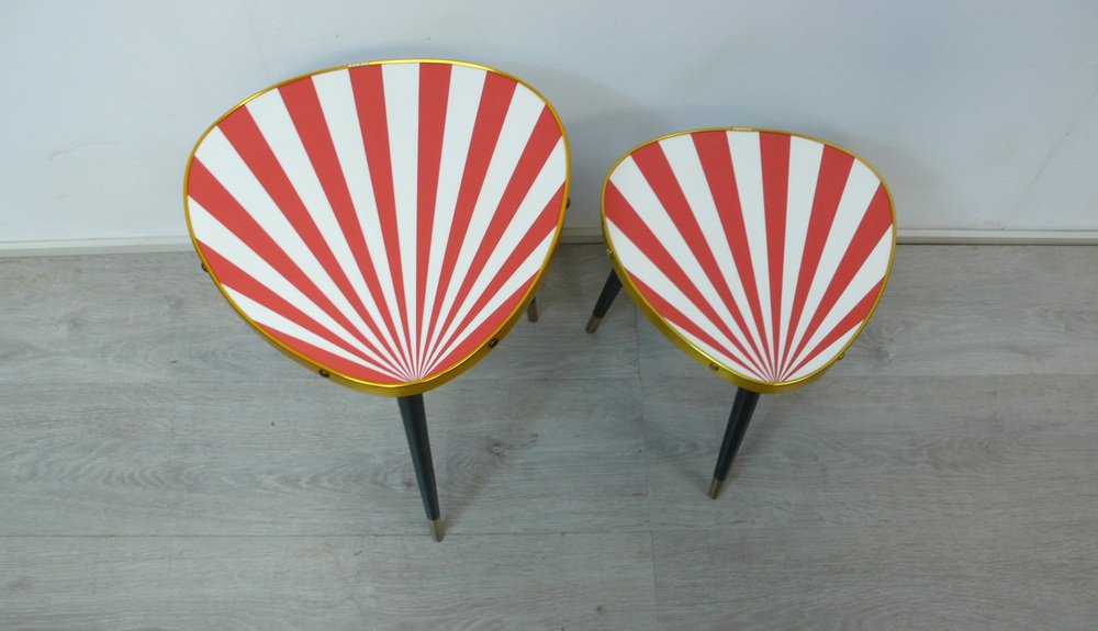 Small Mid-Century German Triangle Shaped Side Tables with White & Red ...