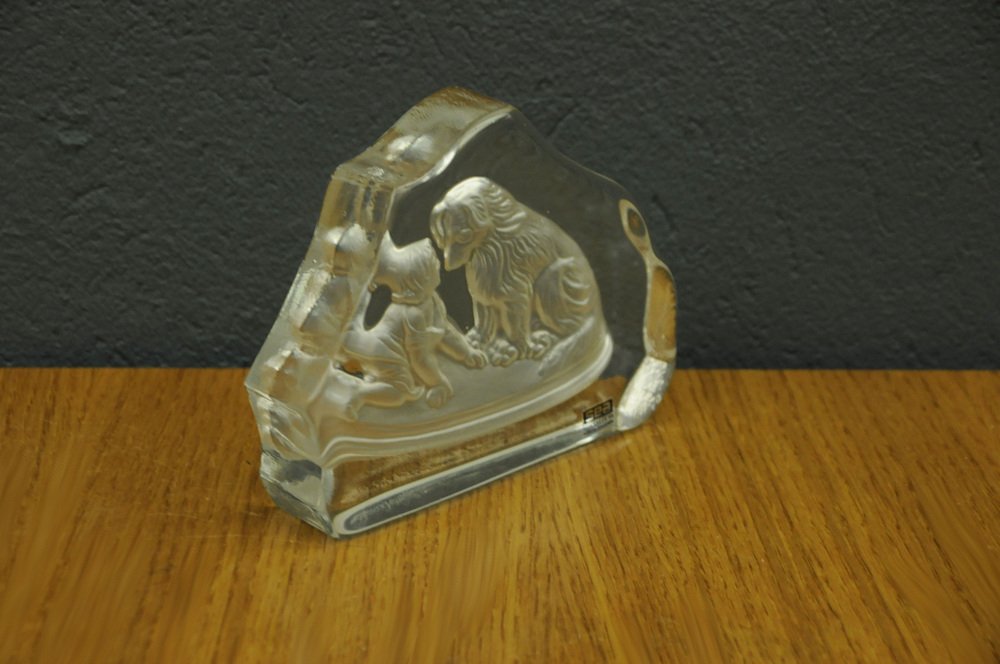 Boy with Dog Bookend in Glass by Paul Isling for Nybro Glasbruk for ...