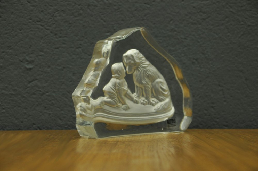 Boy with Dog Bookend in Glass by Paul Isling for Nybro Glasbruk for ...