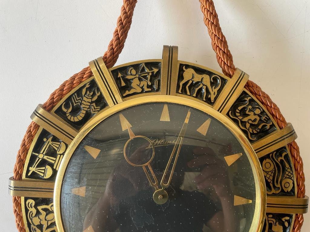 German Brass Zodiac Signs Wind Up Wall Clock with Rope Hanger by ...