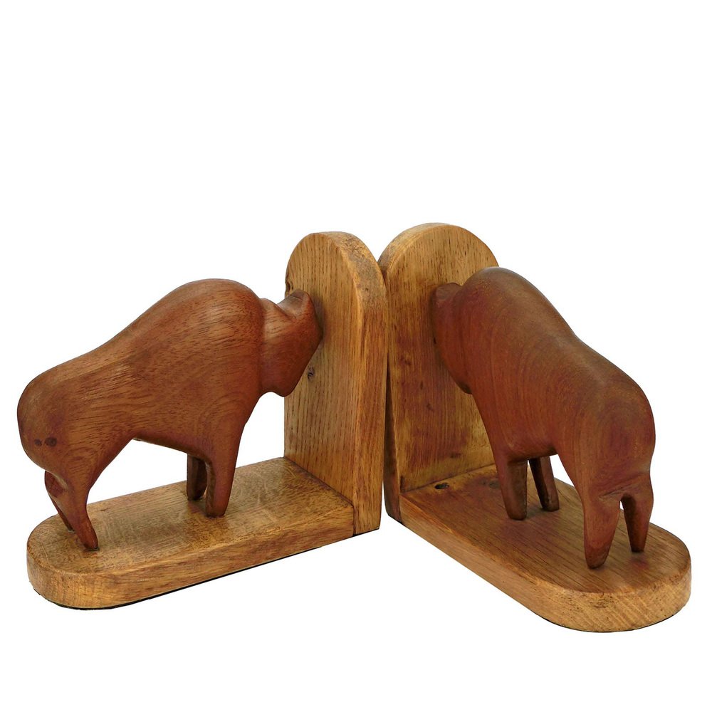 Teak and Oak Buffalo / Bison Bookends, 1960s, Set of 2 for sale at Pamono