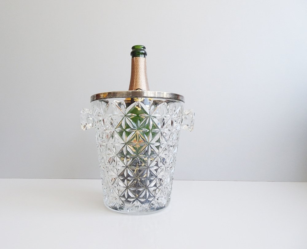 Crystal Glass Champagne Bucket with Silver Rim for sale at Pamono