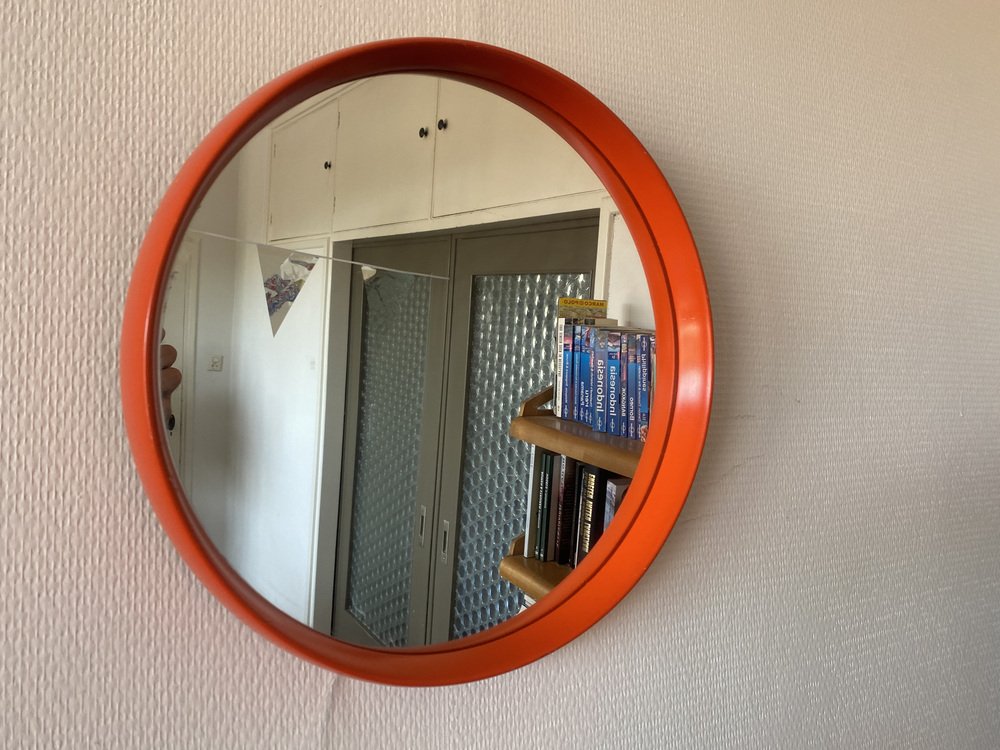 Mid-Century Modern Orange Round Mirror, 1960s for sale at Pamono