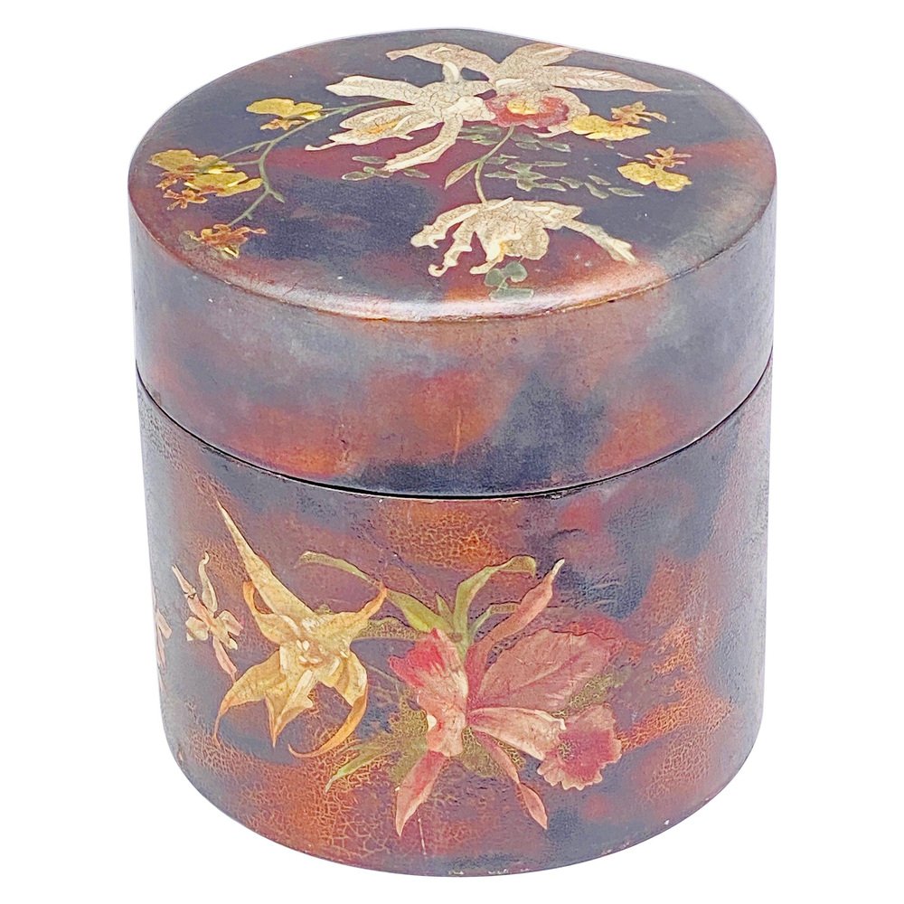 Japanese Cylindrical Box in Brown Lacquer Paint with Flower Decoration ...