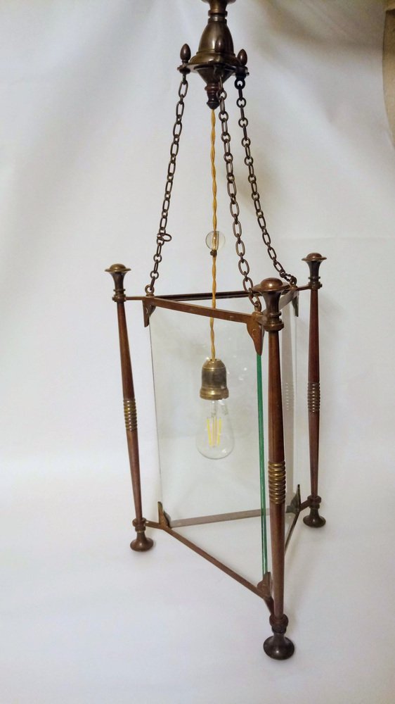 Art Nouveau Style Triangular-Shaped Lantern in Bronze and Glass for ...