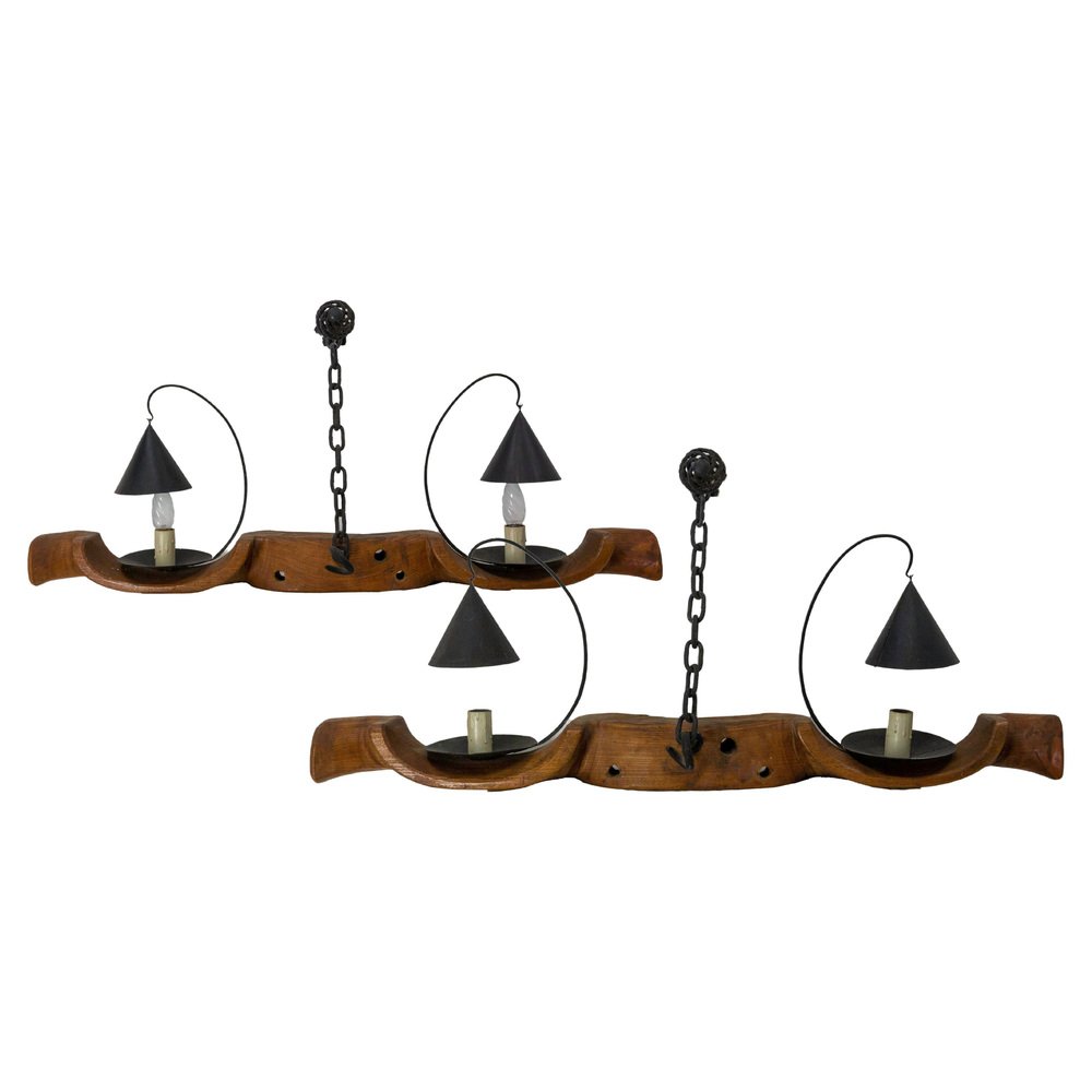 Mid-Century French Yoke Elm Sconces with Iron Double Lamps, Set of 2 ...