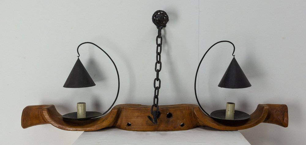 Mid-Century French Yoke Elm Sconces with Iron Double Lamps, Set of 2 ...