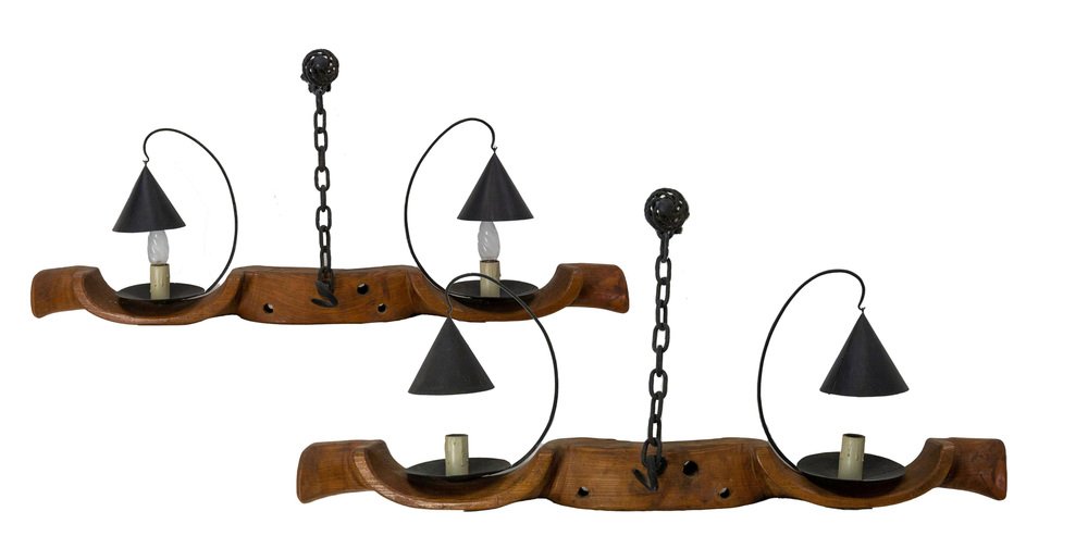 Mid-Century French Yoke Elm Sconces with Iron Double Lamps, Set of 2 ...