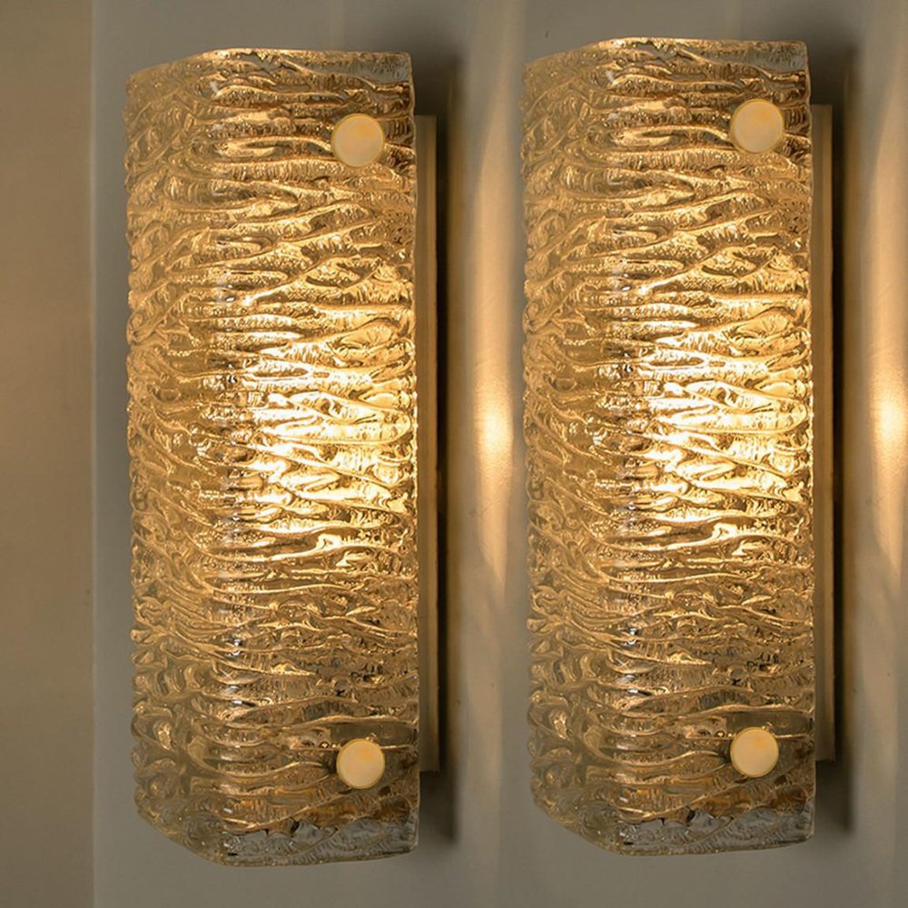 Rectangular Wave Glass and Brass Wall Lights by J.T. Kalmar, Austria ...