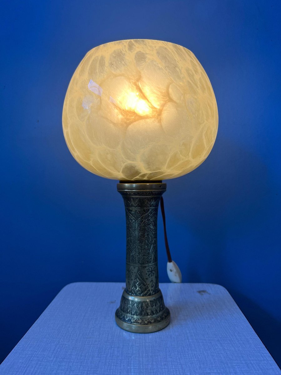 Vintage Art Deco Glass Lamp with Bronze Base for sale at Pamono