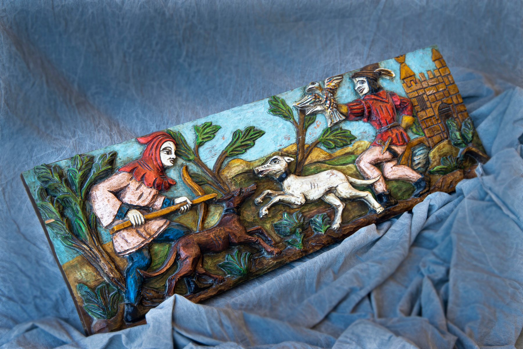 Polychrome Pine Wood Carved Wall Sculpture for sale at Pamono