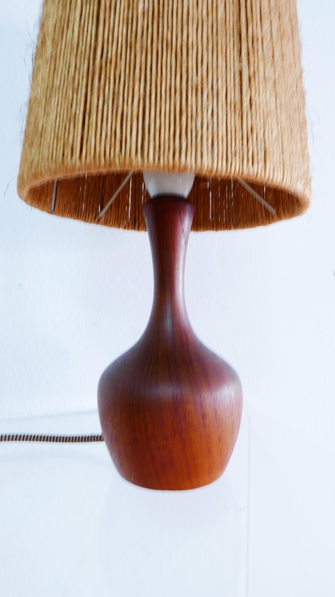 Organic Teak & Sisal Table Lamp, Denmark, 1950s for sale at Pamono