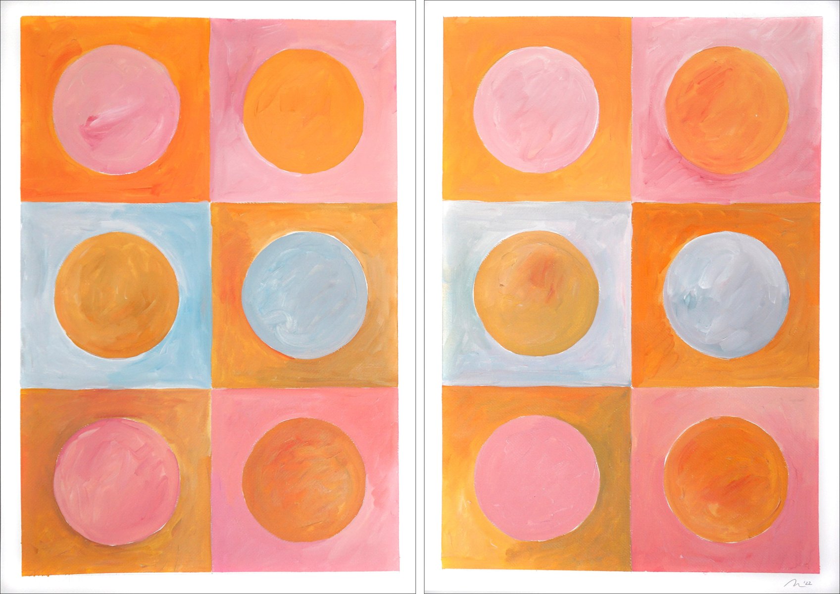 Natalia Roman, Sunset Pink und Orange Fliesen Diptychon, 2022, Acryl auf Aquarellpapier bei ...