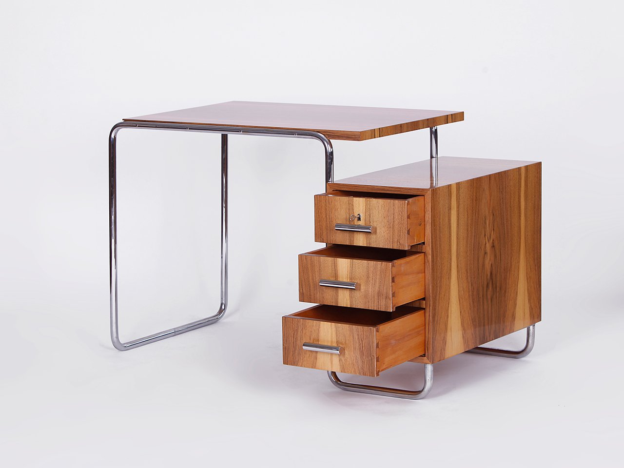 Functionalist Walnut Veneer Steel Tube Desk, 1930s for sale at Pamono