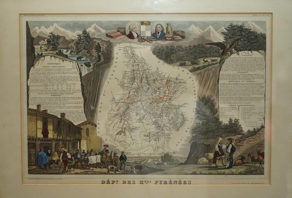 French Hand Watercolour Map of Dept des Hautes Pyrenees, 1856 for sale ...