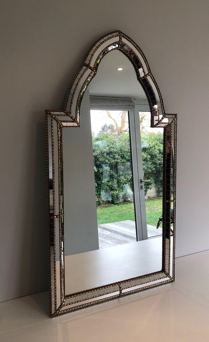 Multi-Faceted Mirror with Brass Garlands for sale at Pamono