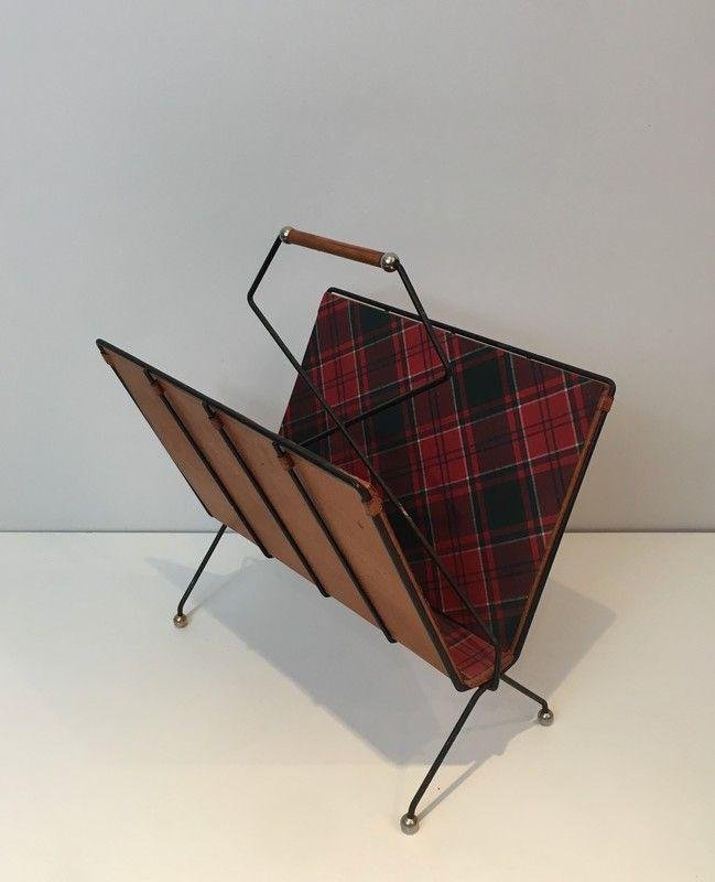 Magazine Rack in Black Lacquered Metal & Leather with Tile Fabrics for ...