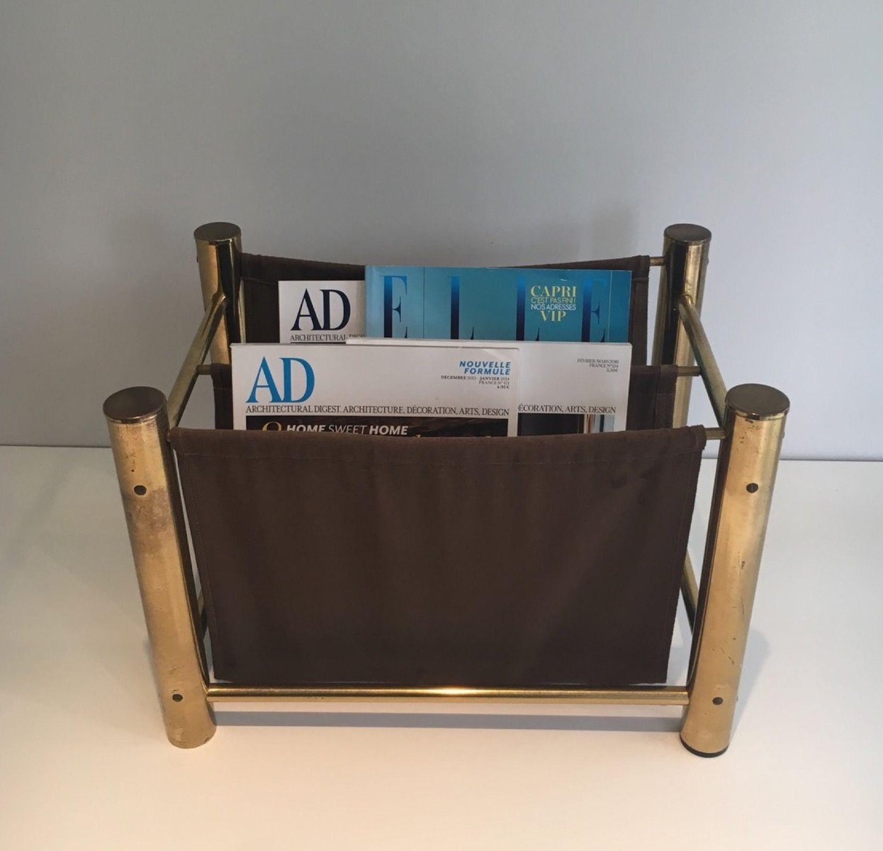 Gold Metal and Fabric Magazine Rack for sale at Pamono