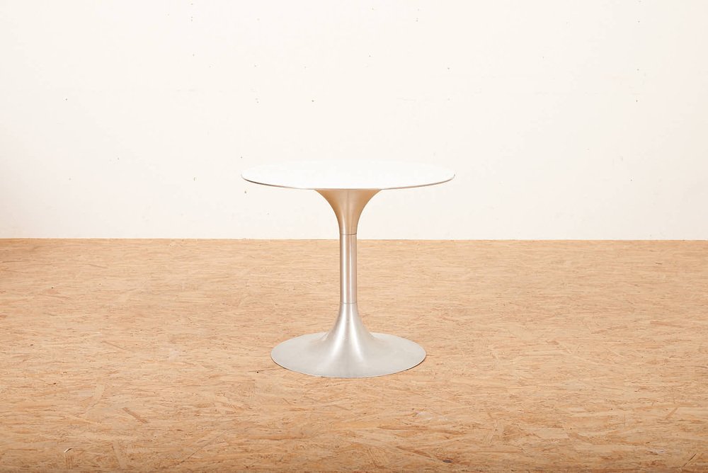 T 304 Side Table on Trumpet Base in Aluminum with White Glass Shelf by ...