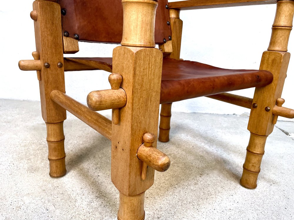 South American Brutalist Leather & Oak Safari Chair, Colombia, 1960s ...