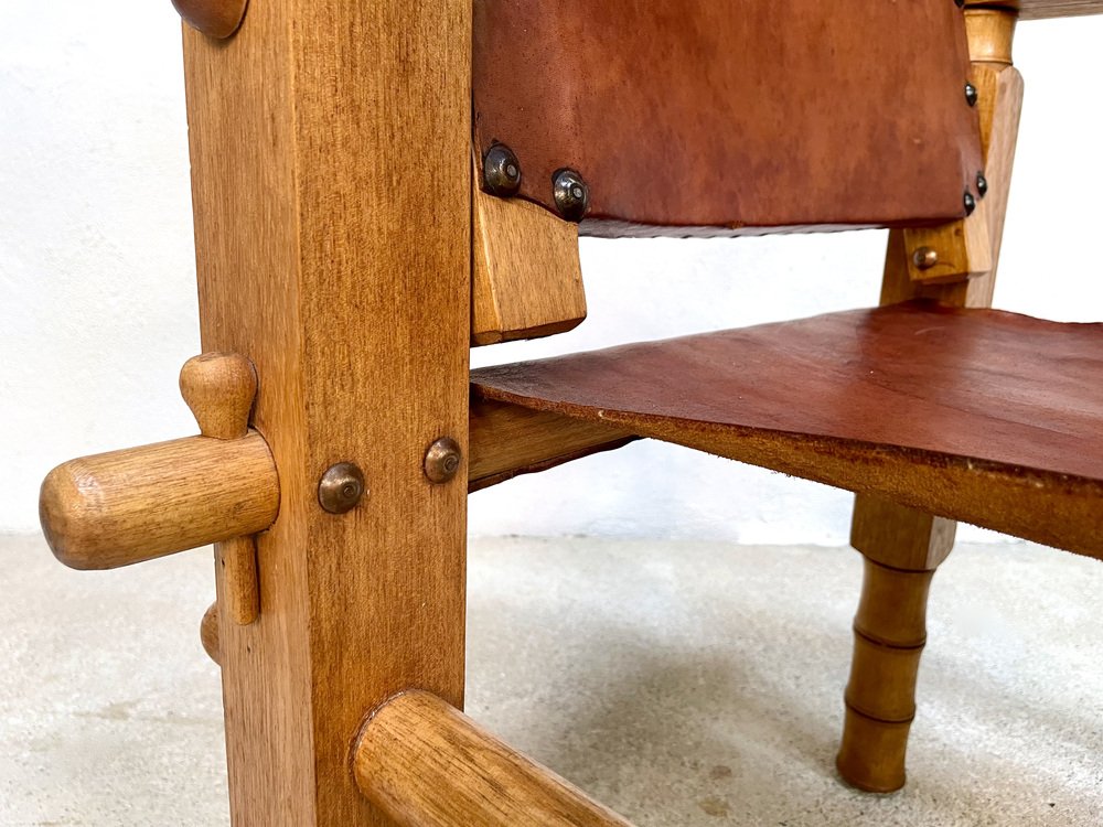 South American Brutalist Leather & Oak Safari Chair, Colombia, 1960s ...