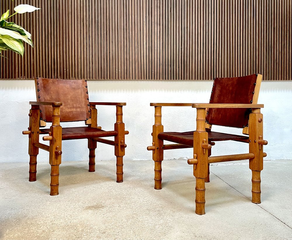 Set of South American Brutalist Leather & Oak Safari Chairs, Colombia ...