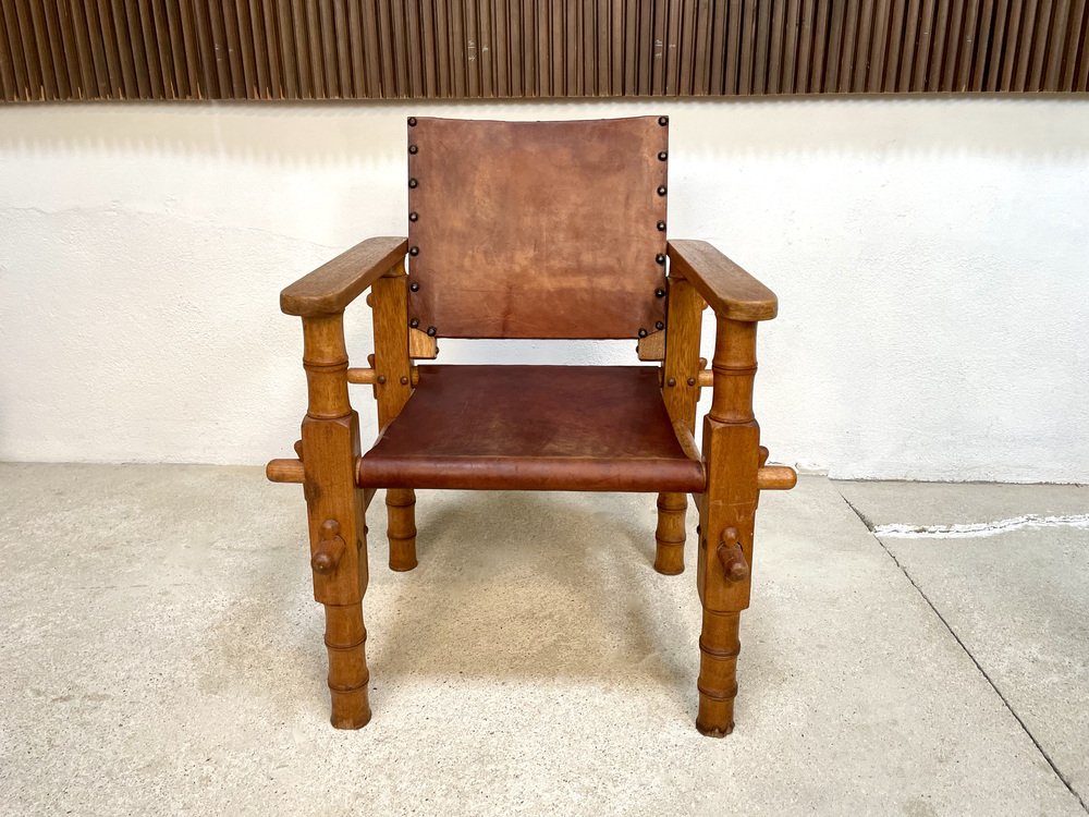 Set of South American Brutalist Leather & Oak Safari Chairs, Colombia ...