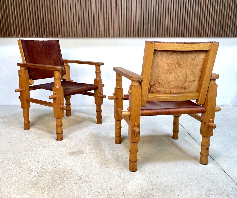 Set of South American Brutalist Leather & Oak Safari Chairs, Colombia ...