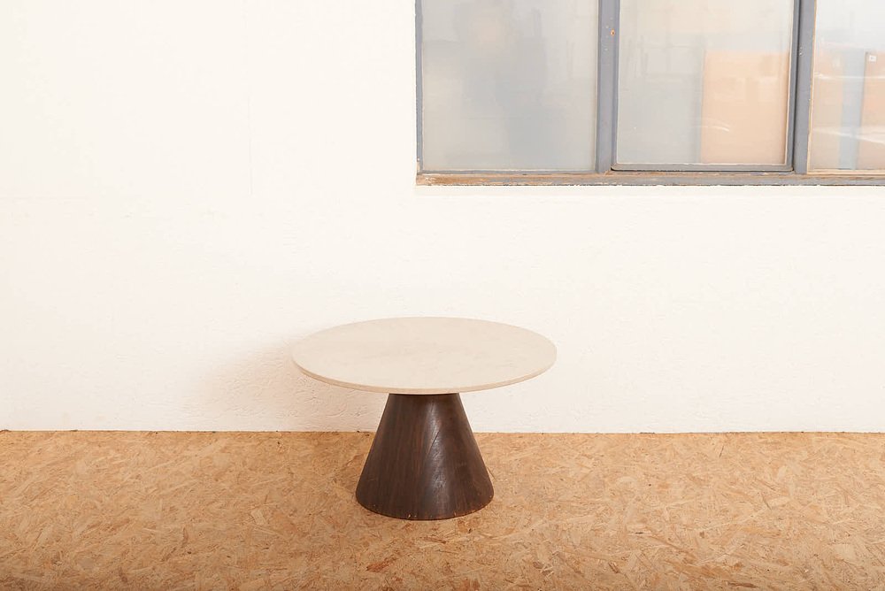 Side Table with Solid Dark Stained & Lacquered Wood Base & Travertine ...